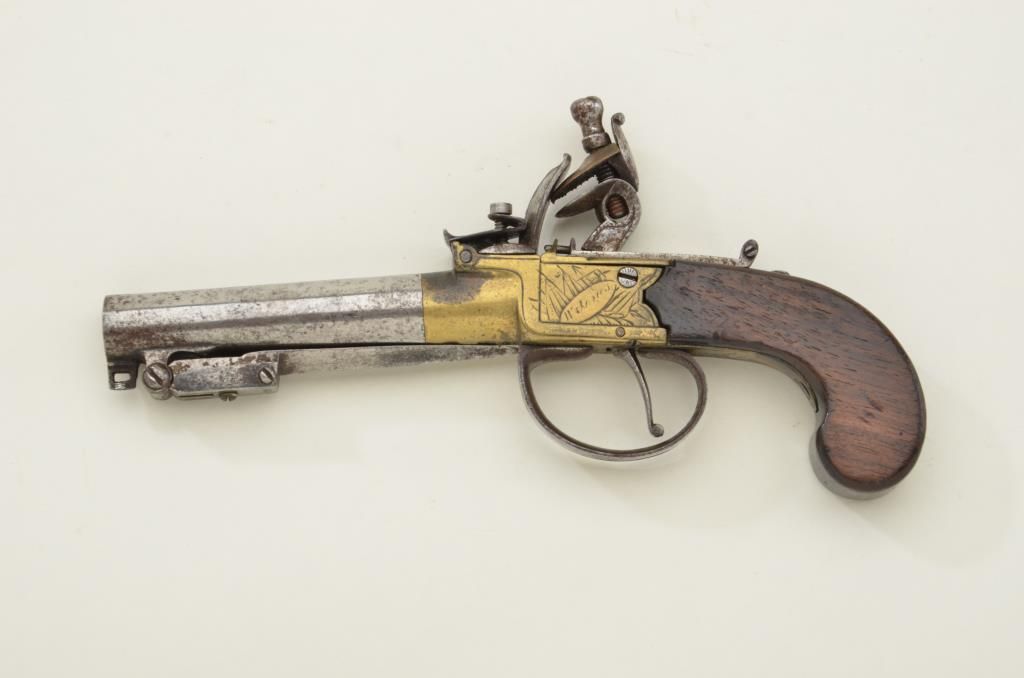 Flintlock center hammer pocket pistol with under mounted spring bayonet ...