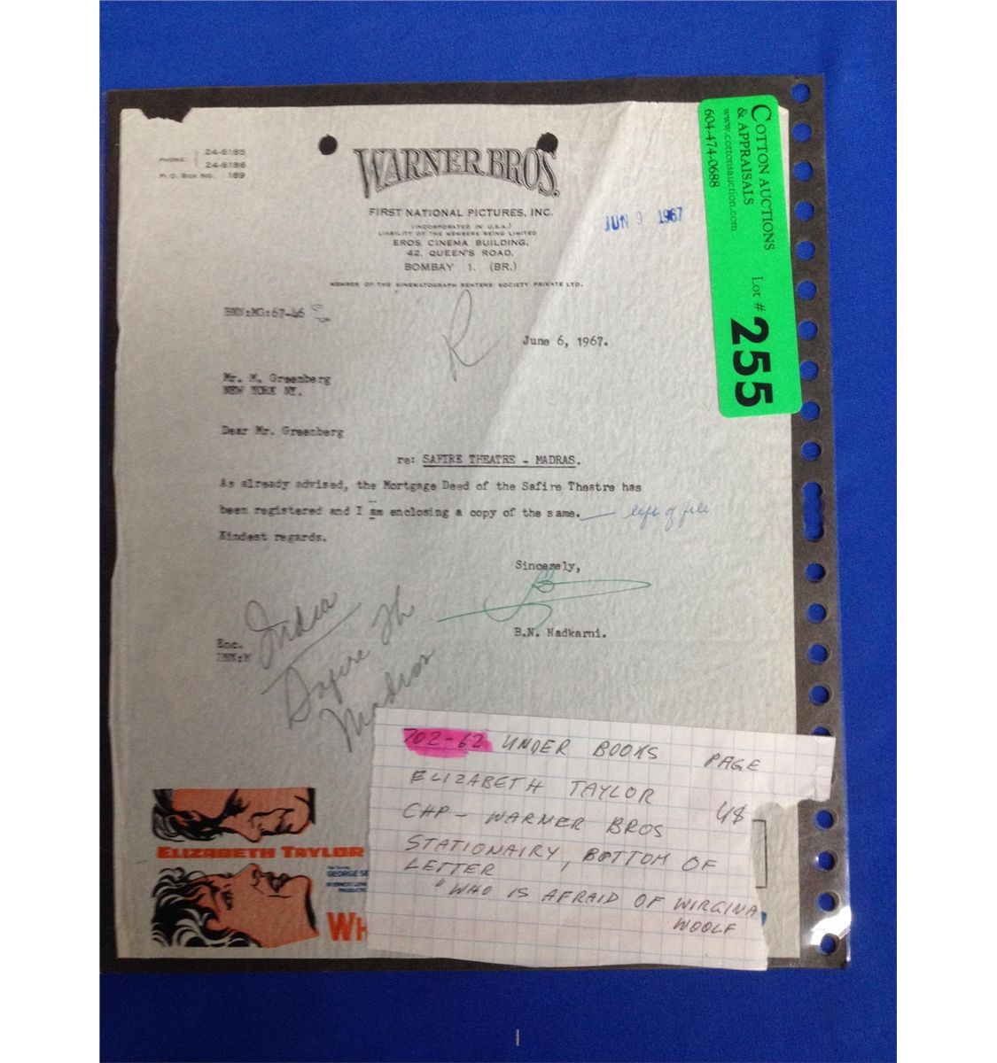 1967 Warner Bros letter