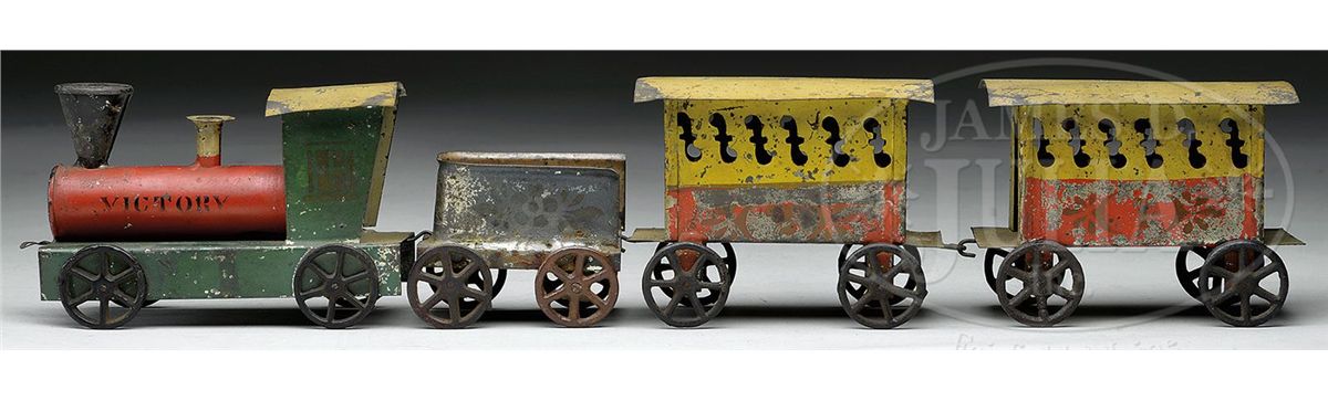 EARLY AMERICAN TIN TRAIN SET WITH TWO PASSENGER CARS.