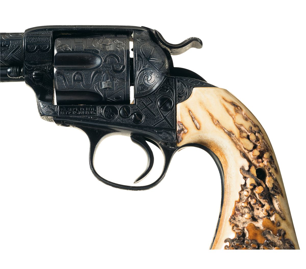 Cattle Brand Engraved Colt Bisley Single Action Army Revolver with Stag ...