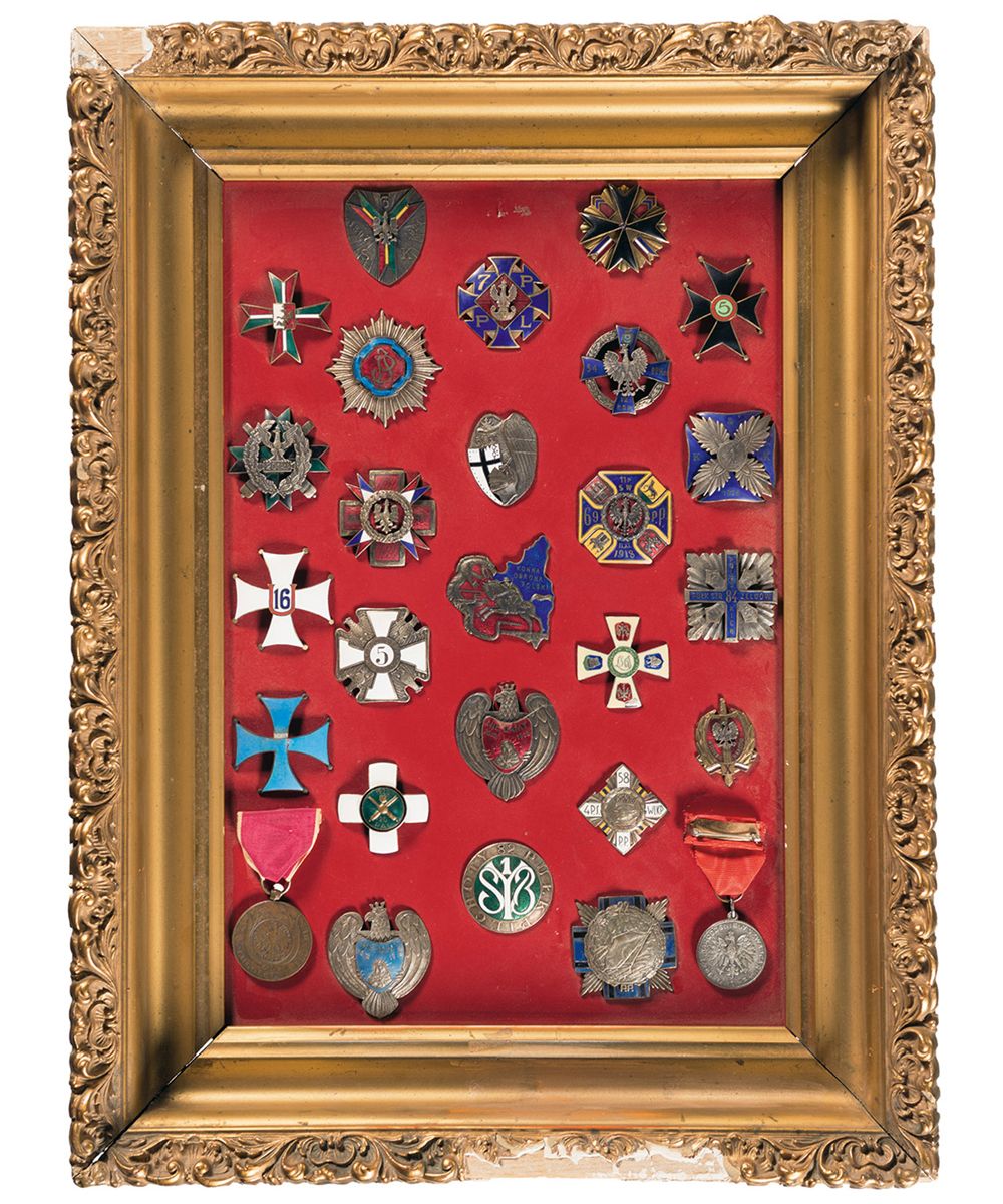 Framed Grouping of Polish Regimental Crests and Medals, Attributed to a ...