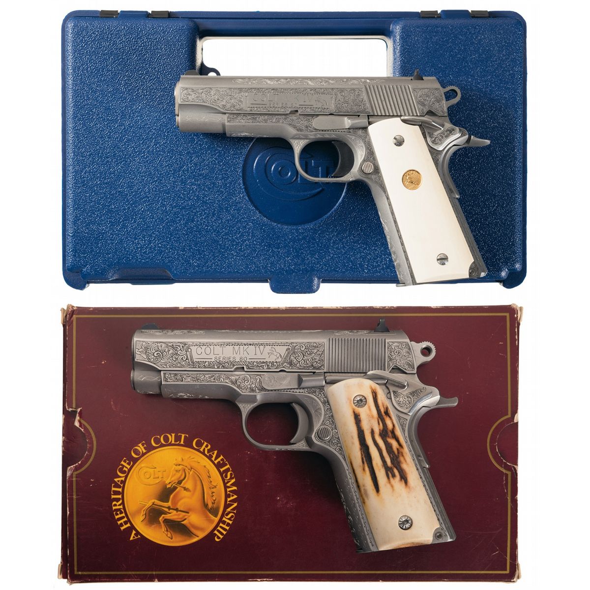 Two Engraved Colt Mark IV Series 80 Semi-Automatic Pistols with Boxes ...