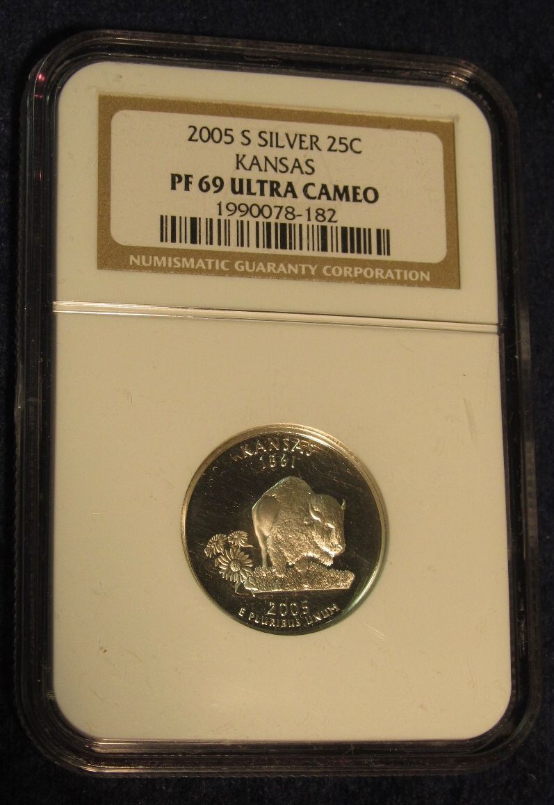 1015. 2005 S Silver Kansas Statehood Quarter. NGC slabbed PR 69 Ultra ...