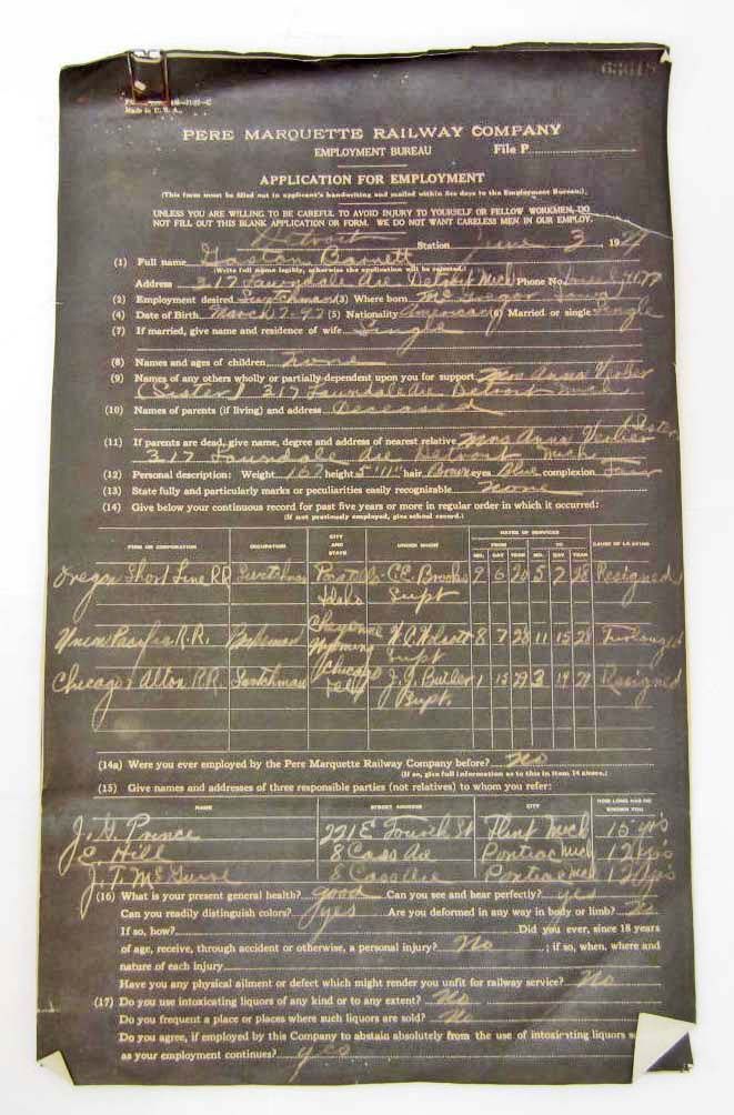 1929 PROHIBITION ERA RAILROAD EMPLOYMENT APPLICATION