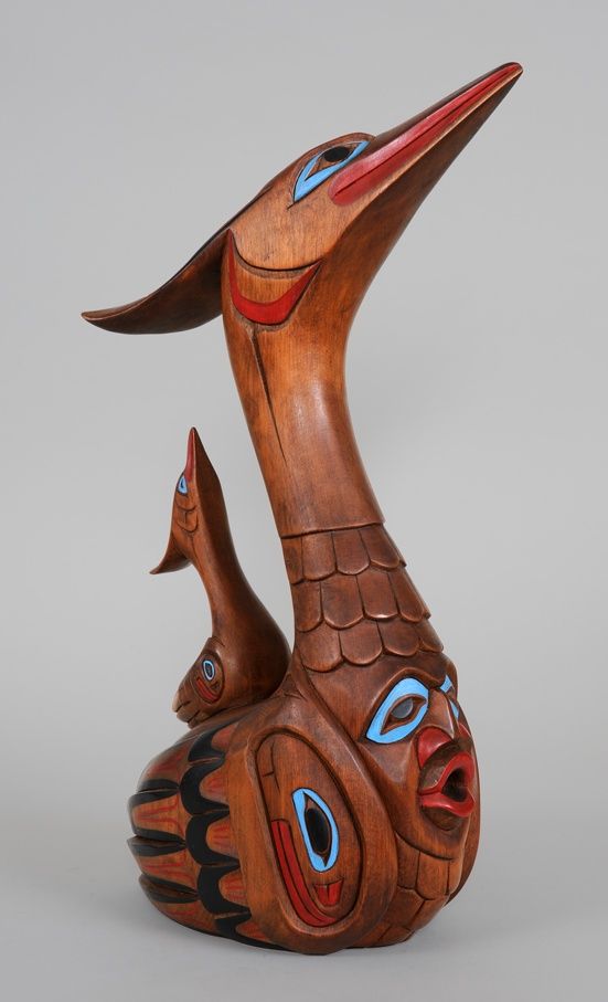Coast Salish Carved Loon and Baby Loon by Doug LaFortune 19 1/2" H. 9 ...