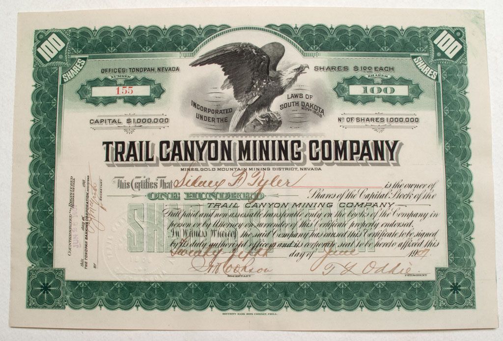 Trail Canyon Mining Stock signed by Tasker Oddie