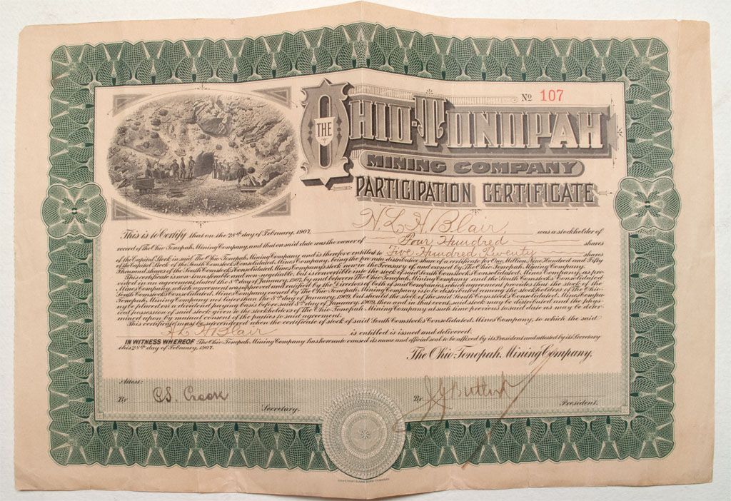 Ohio Tonopah Mining Company with Jim Butler signature
