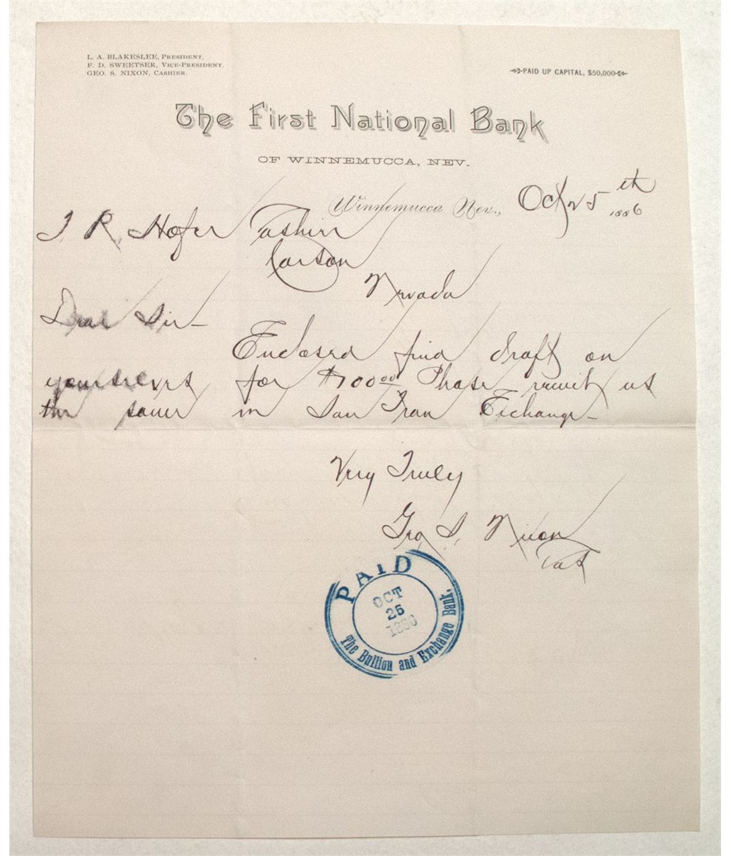 Early George Nixon signed First National Bank letterhead