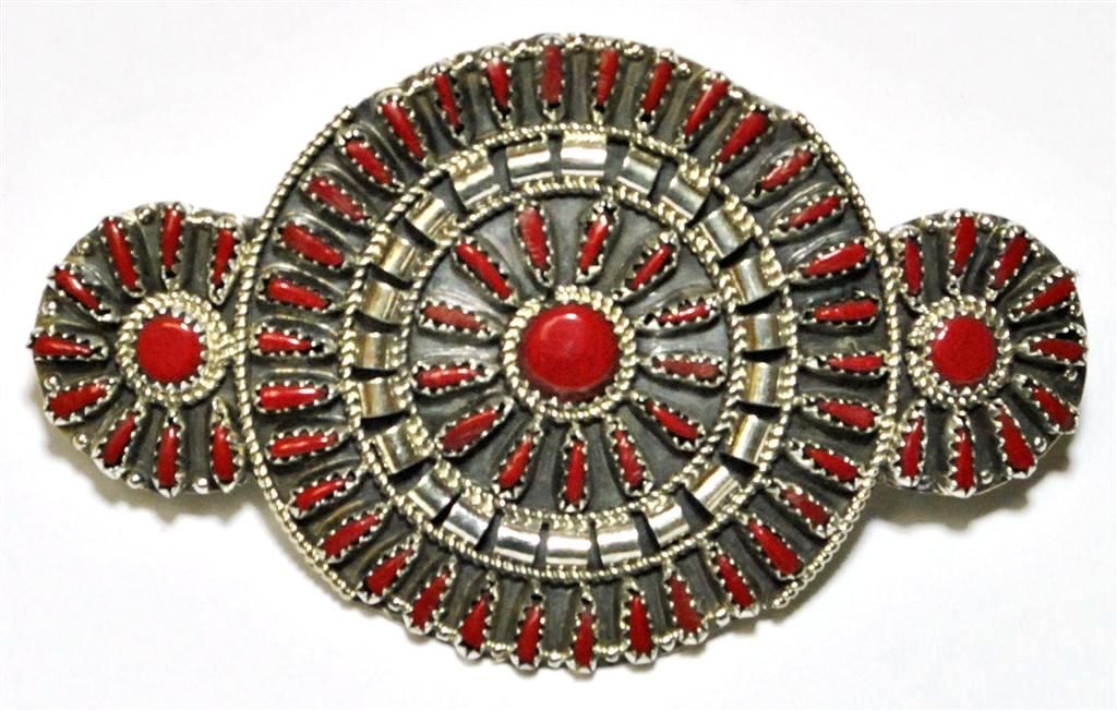 Navajo Coral Cluster Sterling Silver Hair Barrette - Violet Begay
