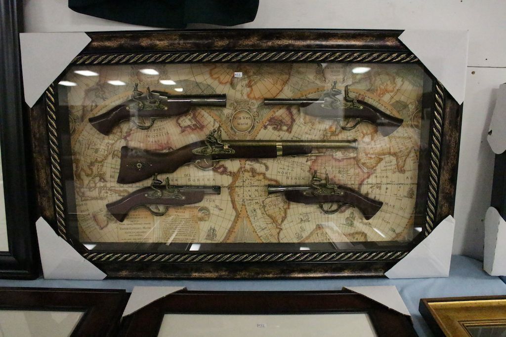 Shadow Box Framed 5 Piece Replica Gun Collection (Corner of Glass Broken)