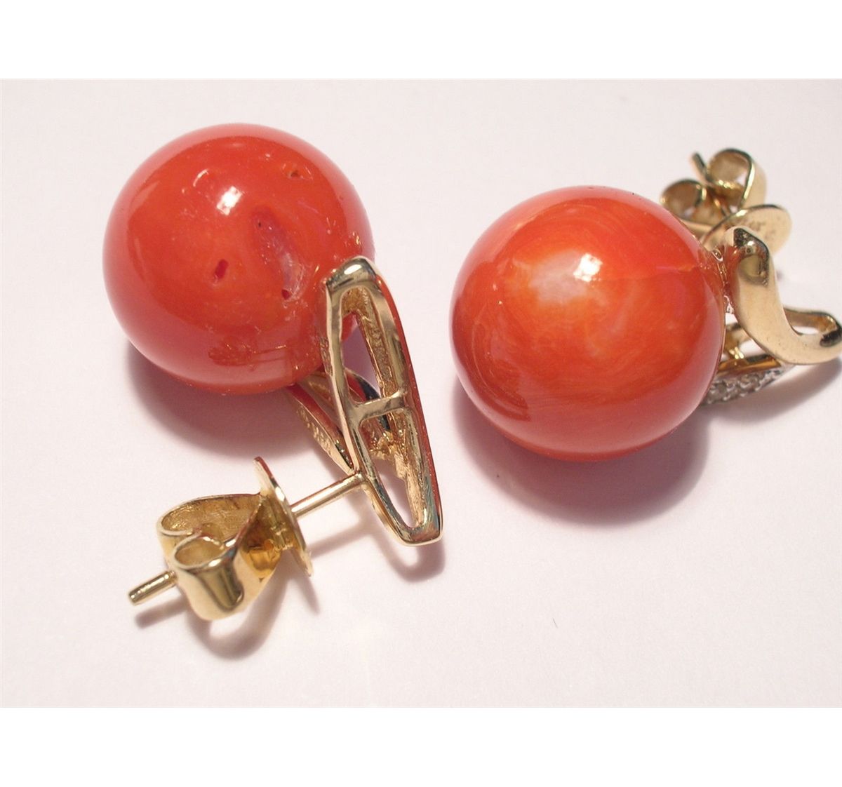 12.1mm Genuine Red Coral Earrings, Diamonds, 14K YG