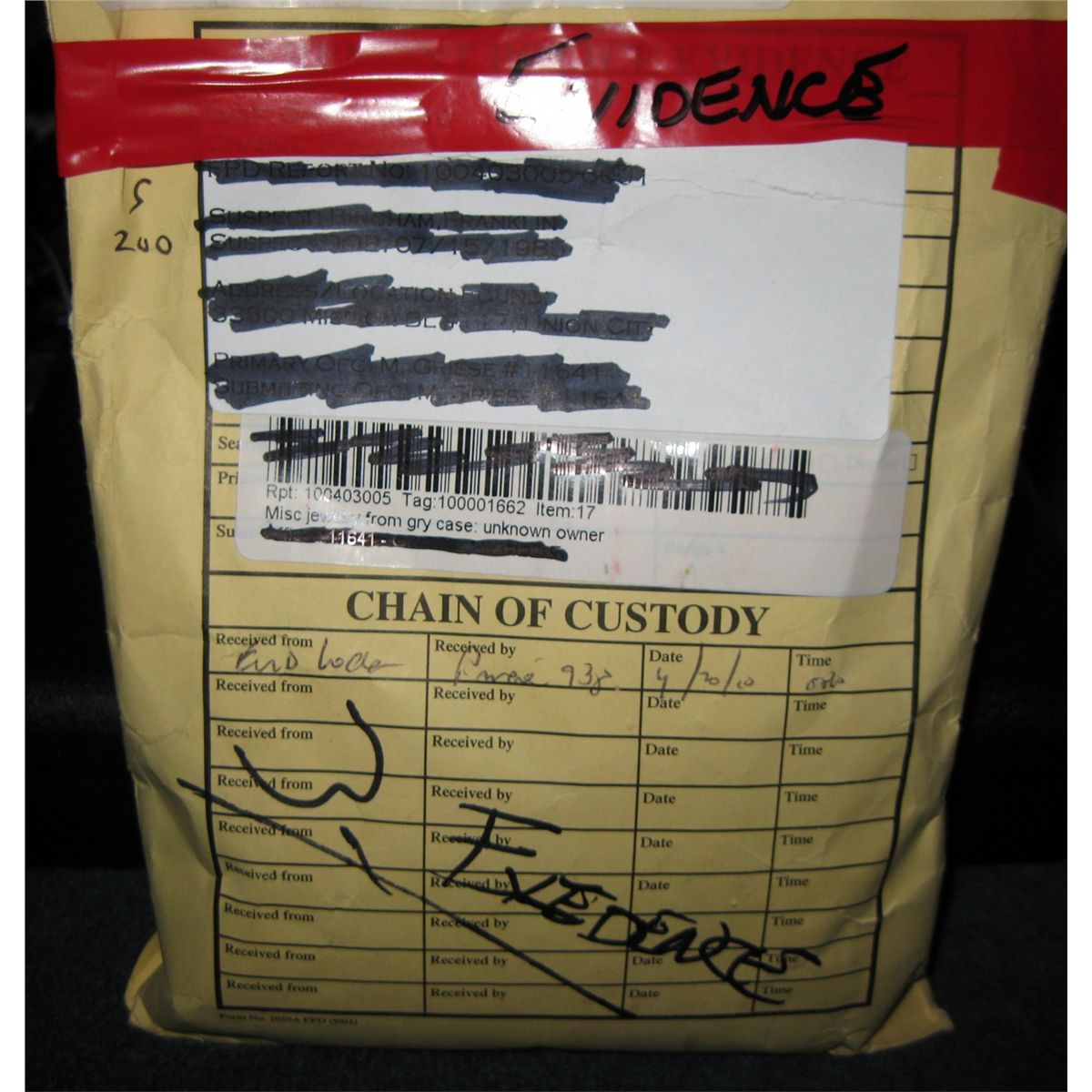 Manila Evidence Envelope States " Misc. Jewelry".