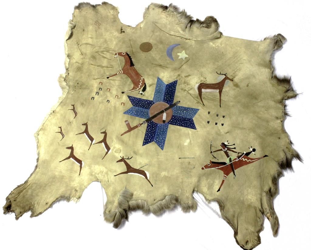 Sioux painted elk hide depicting a hunt scene