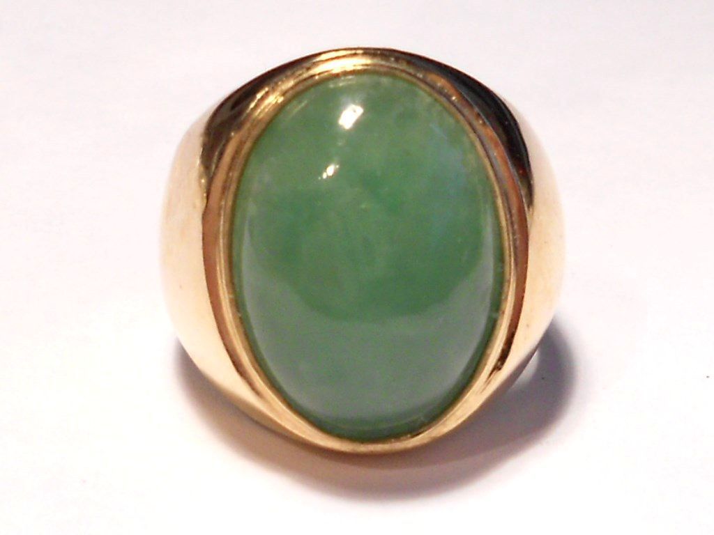 Pale green Jadeite Treated Jade Mens ring, 14k YG