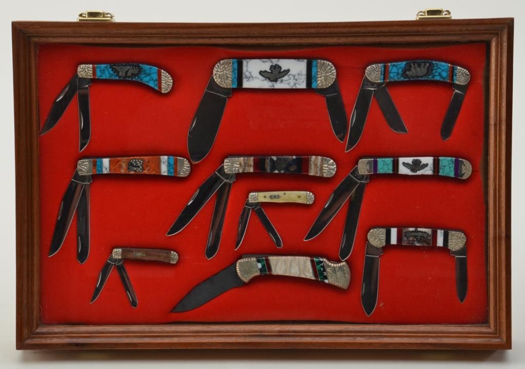 Wood and glass display case with 10 different Native American theme ...