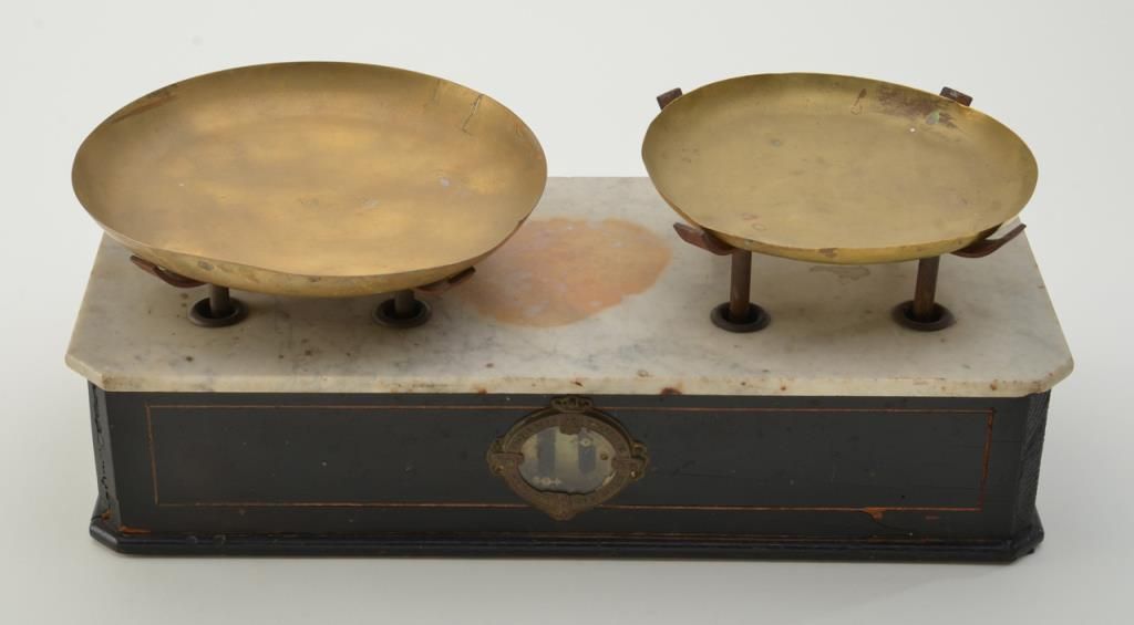 Antique French portable scale with wood base, marble top and brass pans ...