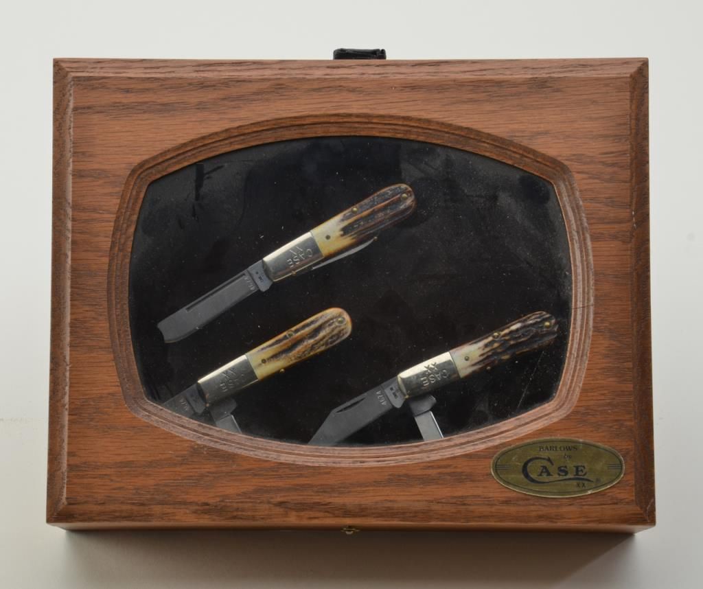 Lot of 3 Case XX Genuine Stag Barlow folding knives in wood and glass ...