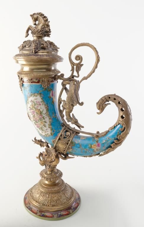 Fancy Cornucopia centerpiece mounted with bronze over hand painted ...