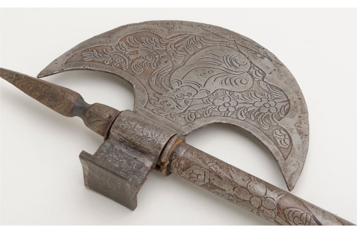 Indo Persian Battle Axe with good quality Etched decoration. 19th ...