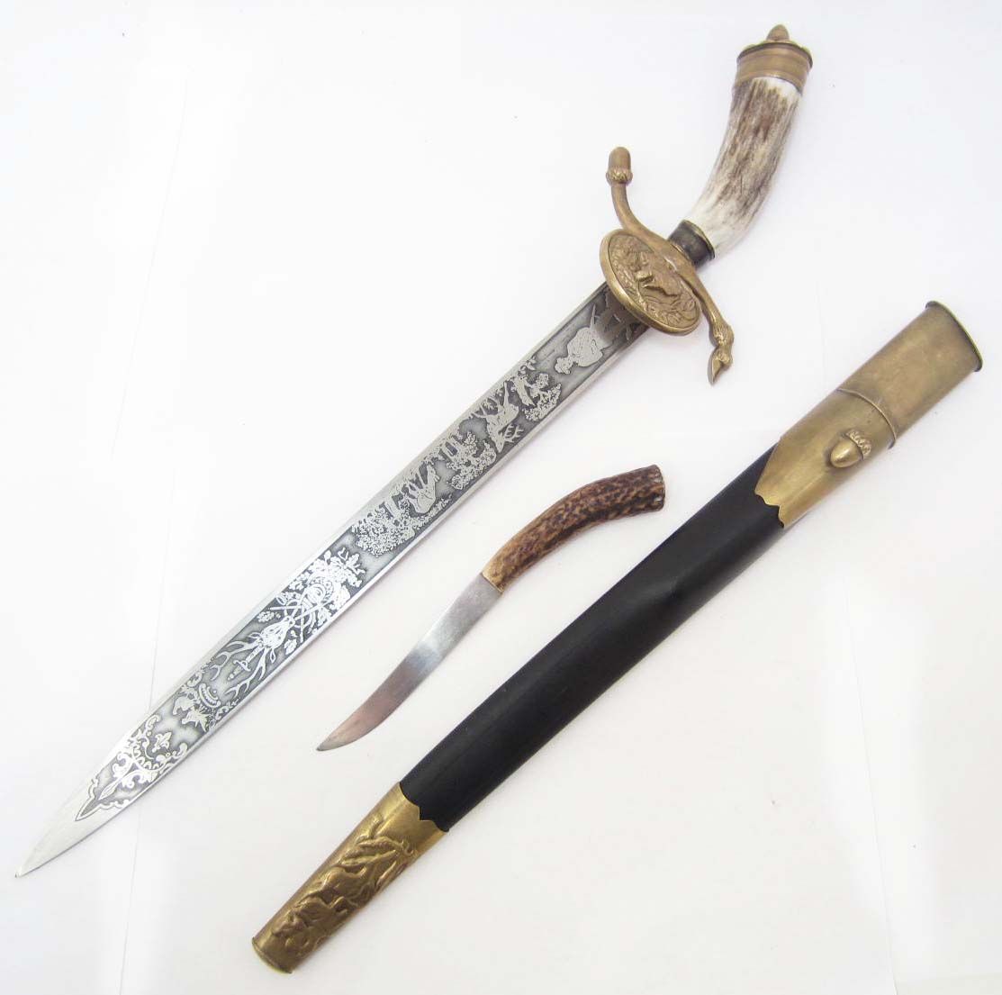 GERMAN SOLINGEN HUNTING DAGGER W/ SHEATH & KNIFE
