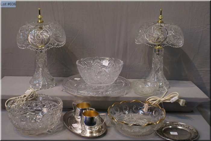 A pair of pinwheel crystal bedside lamps, pressed glass and crystal ...