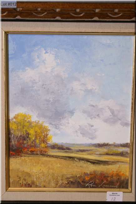 A framed acrylic on board painting of a rural fall scene signed by ...