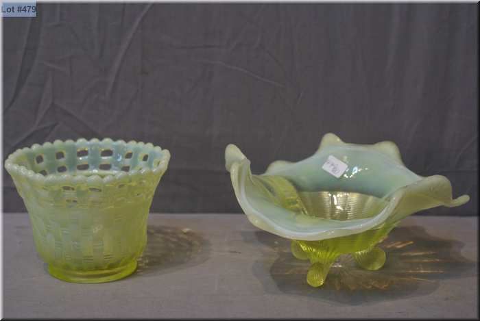 Two pieces of vintage canary yellow and opalescent Uranium glass ...