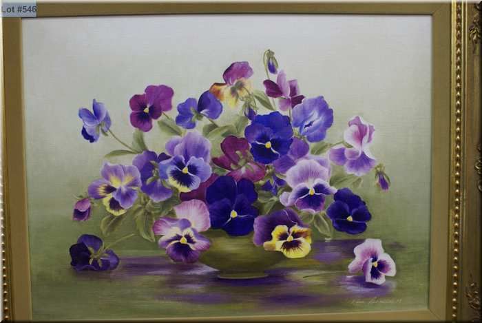 A framed oil on canvas painting of pansies in a bowl 18" X 24" signed ...