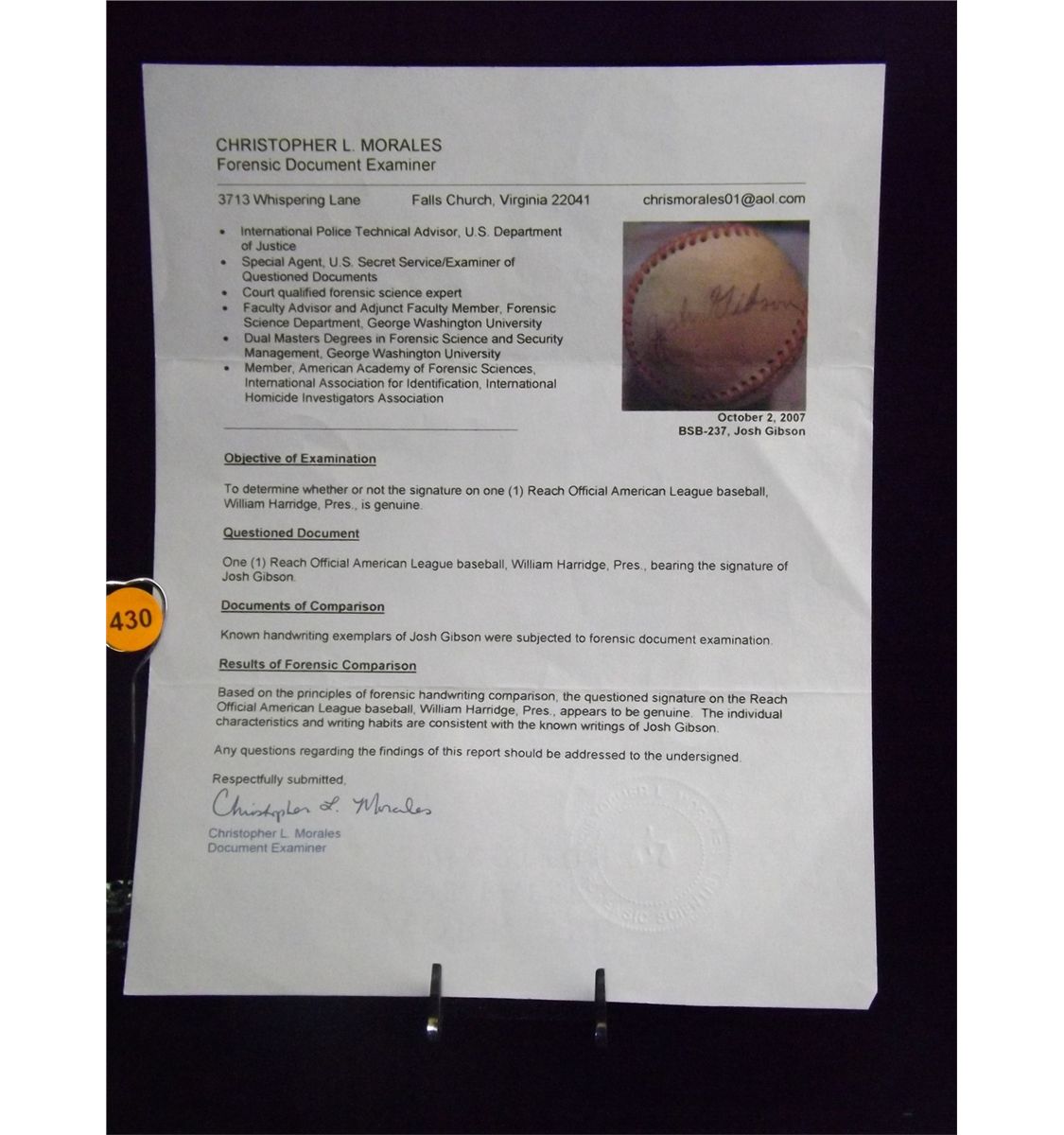 Josh Gibson Autographed Baseball. Reach Official American League Ball ...