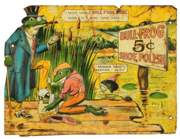 Bull Frog Shoe Polish Litho Tin Countertop Sign