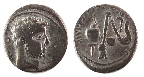 Domitius Calvinus Denarius. 39 BC, Osca mint. OSCA, head of Hercules ...