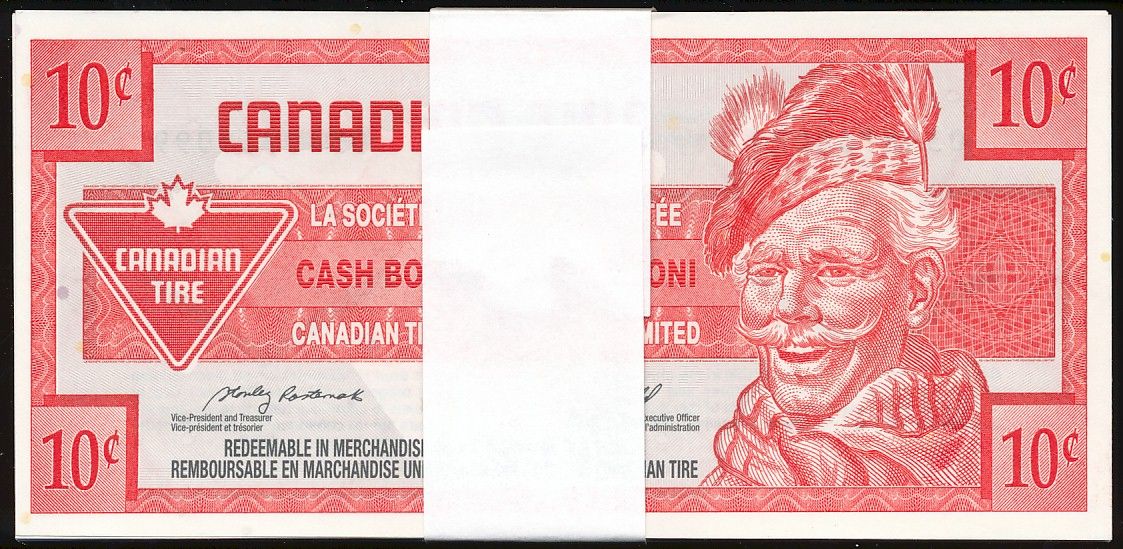 Canadian Tire; 1992-2011 Series, 10¢ Original Bundle of 100 notes. All ...