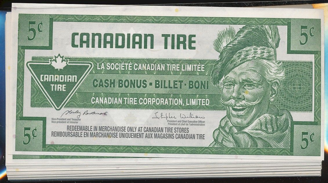 Canadian Tire; 1992-2011 Series, 5¢ Bundle of 100 notes. All Original ...