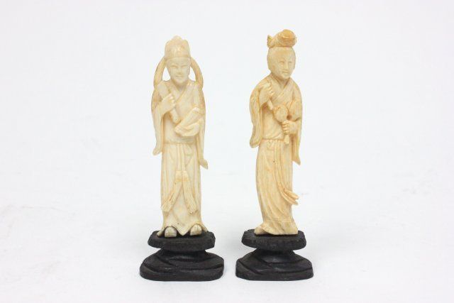 Pair Chinese carved bone figures on stand