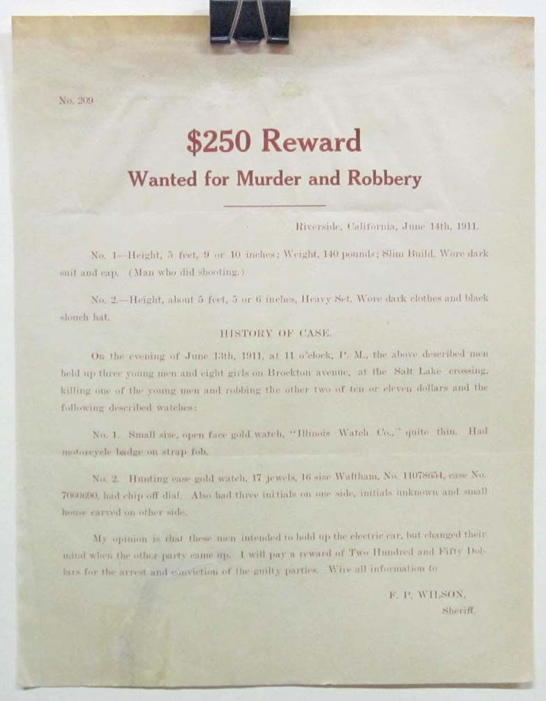 1911 REWARD POSTER FOR MEN WANTED FOR MURDER & ROBBERY