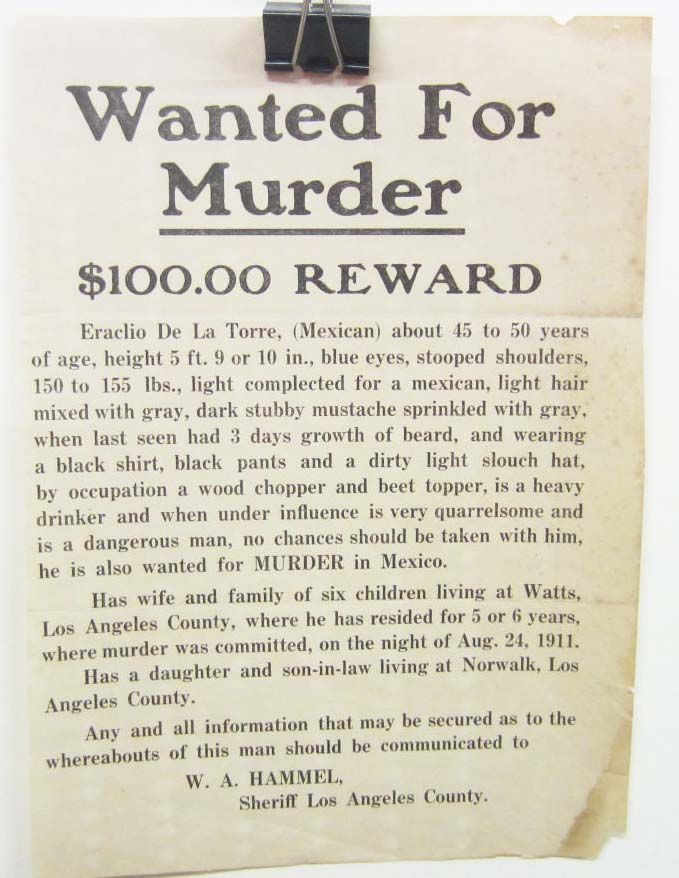 1911 REWARD POSTER FOR MAN WANTED FOR MURDER