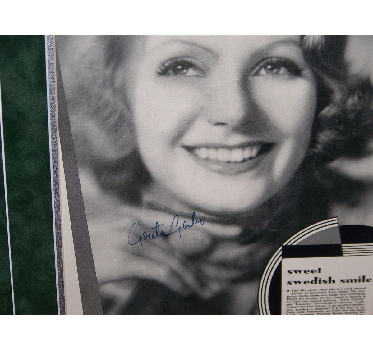 VERY RARE GRETA GARBO SIGNED MAGAZINE PAGE. NICELY FRAMED W ...