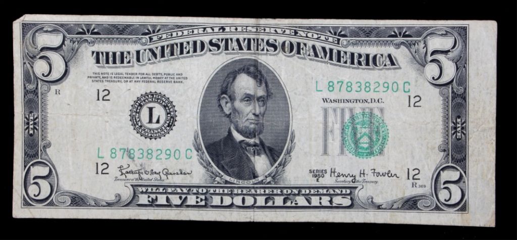 U.S. Currency $5 Bill 1950 E Misprint