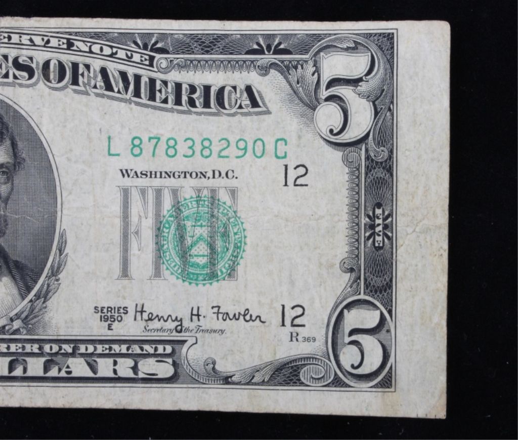 U S Currency 5 Bill 1950 E Misprint u-s-currency-5-bill-1950-e-misprint