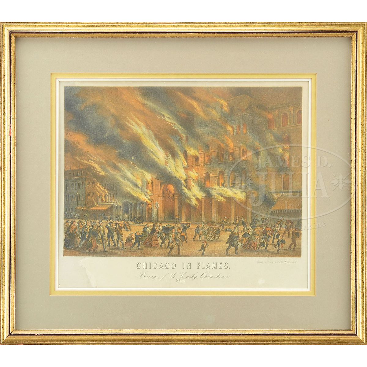 FIVE FRAMED COLORIZED 19TH CENTURY CHICAGO FIRE LITHOGRAPHS