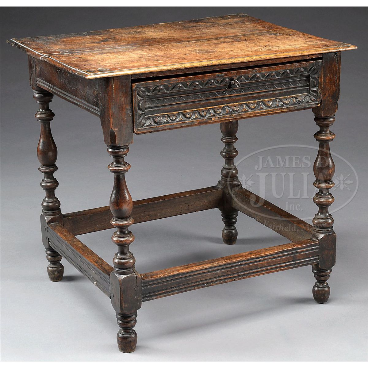 OAK JACOBEAN TAVERN TABLE WITH DRAWER.