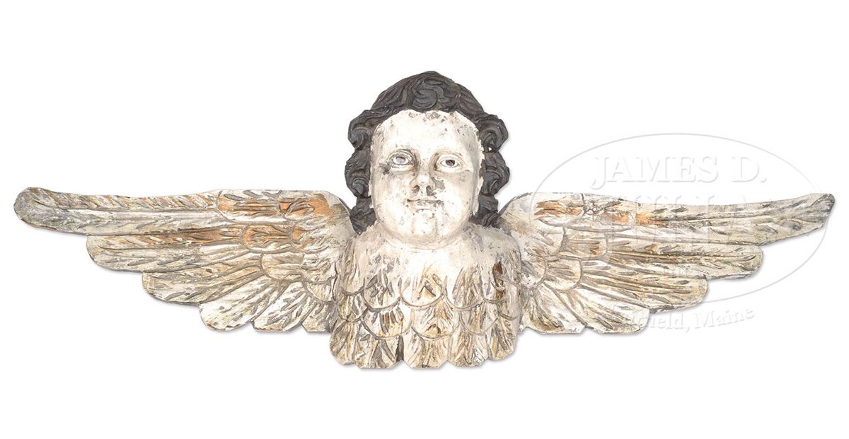 CARVED AND PAINTED ARCHITECTURAL WINGED ANGEL DECORATION.