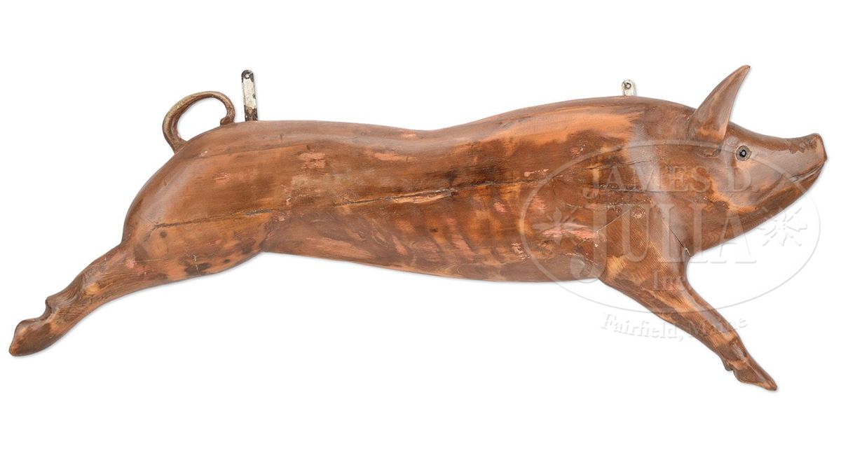 PAINTED WOOD "FLYING PIG" TRADE SIGN.