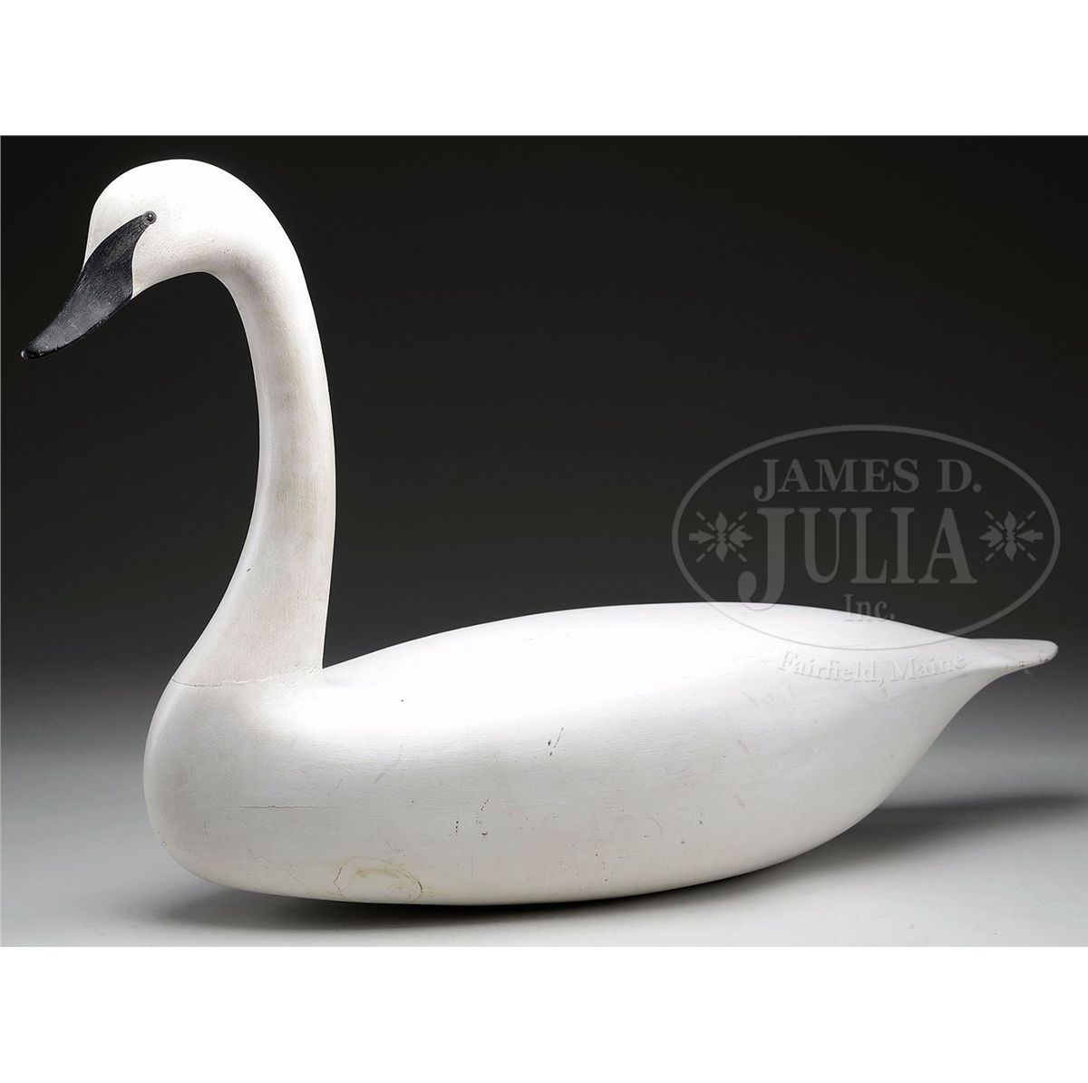 LARGE CARVED AND PAINTED DECORATIVE SWAN DECOY.