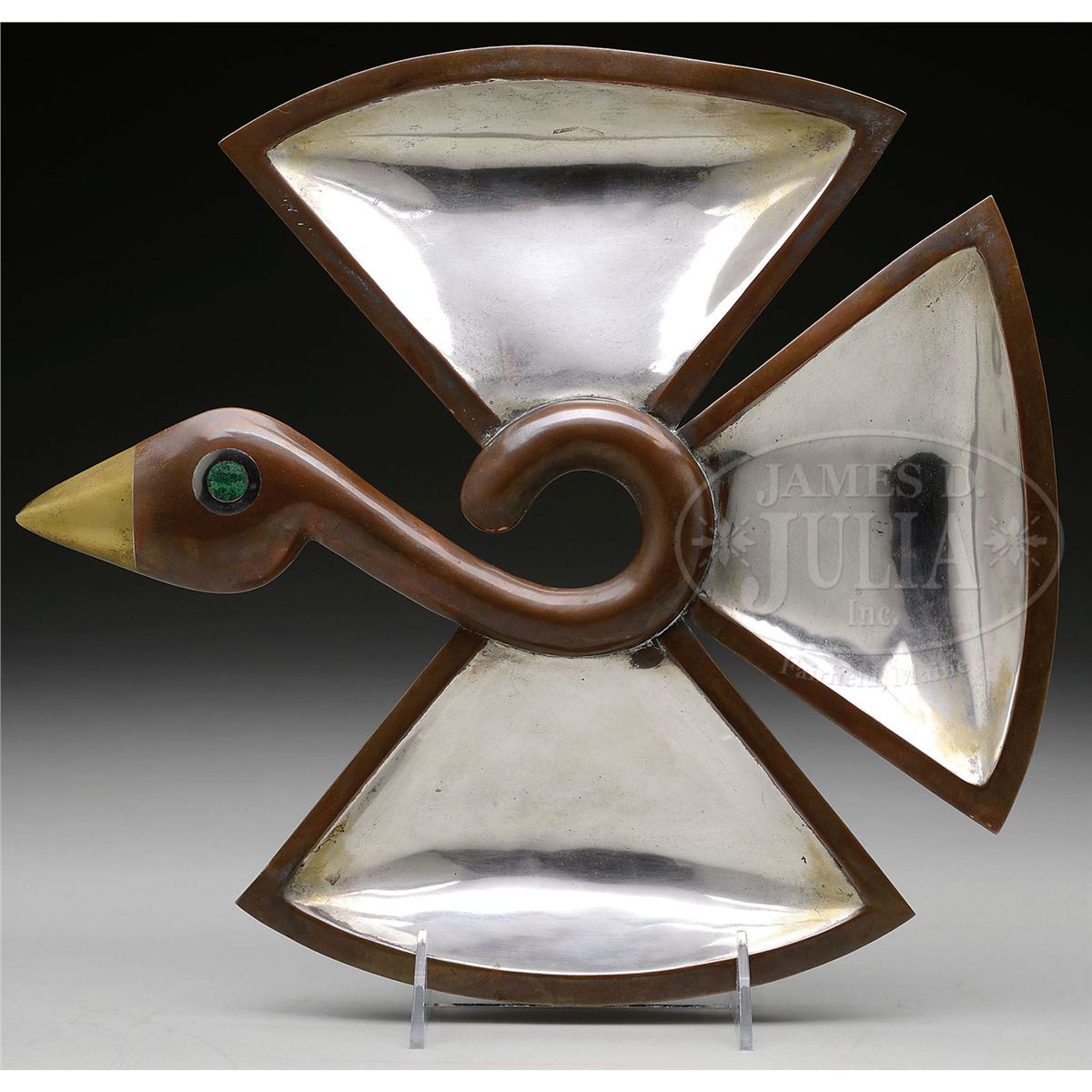 MEXICAN MIXED METAL BIRD FORM CONDIMENT PLATE.