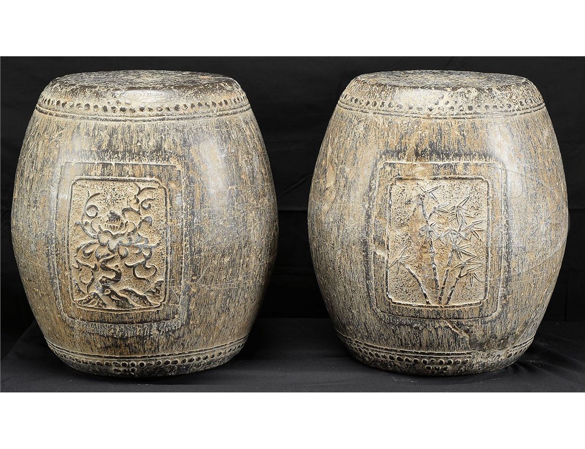 FINE PAIR OF CARVED STONE GARDEN BARRELS.