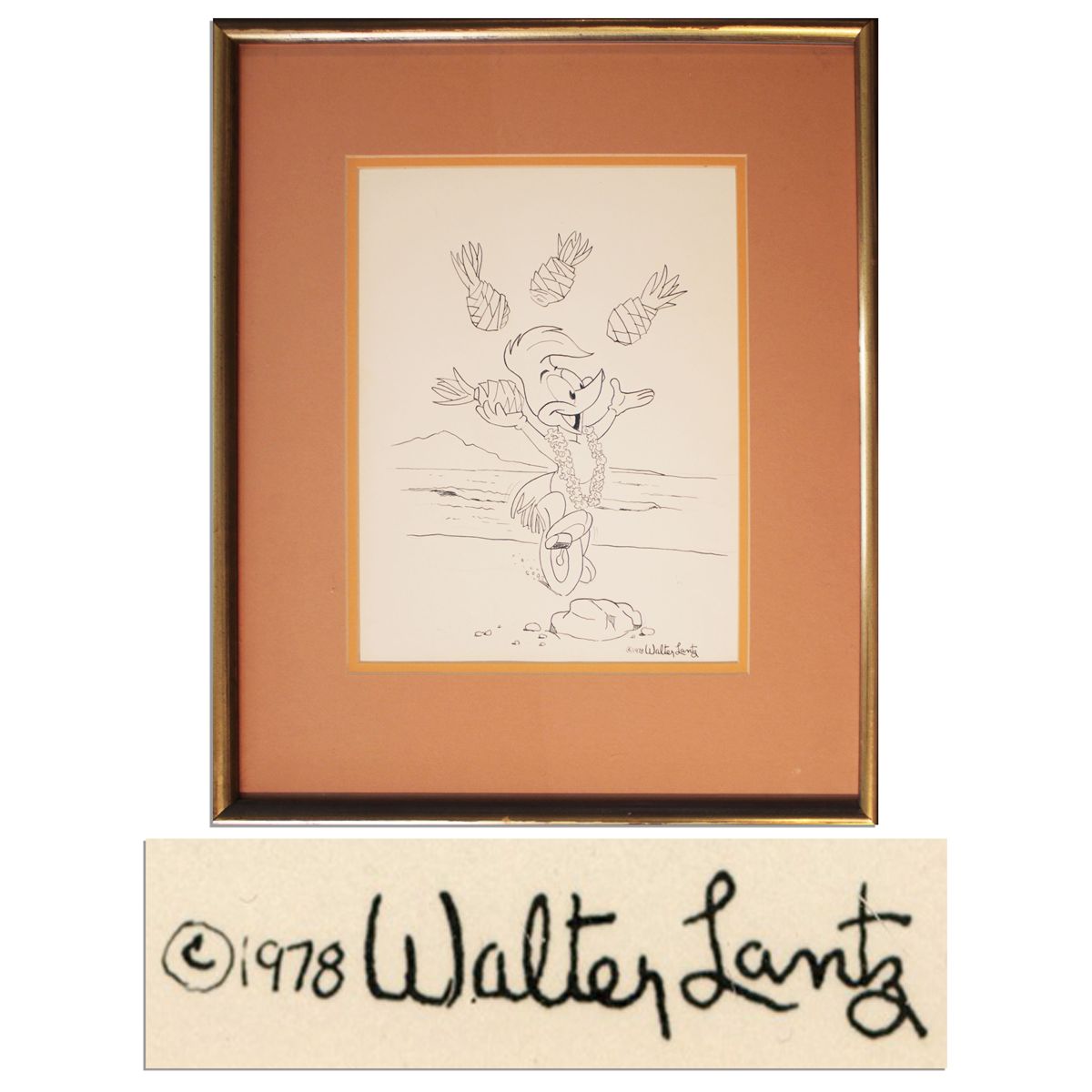 Walter Lantz Signed Sketch of Woody Woodpecker Juggling Pineapples