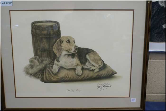 Framed print "Old Dog Tray" signed in ink by artist Barry Michaels