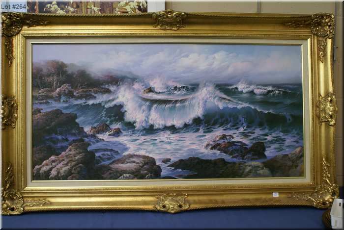 A gilt framed oil on canvas painting "Crashing Waves" signed by artist ...