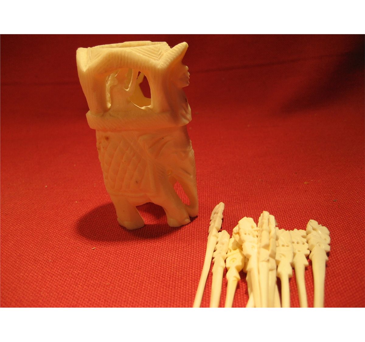CARVED FAUX IVORY BONE TOOTHPICK HOR D'OEUVERS ELEPHANT BASE HOLDER